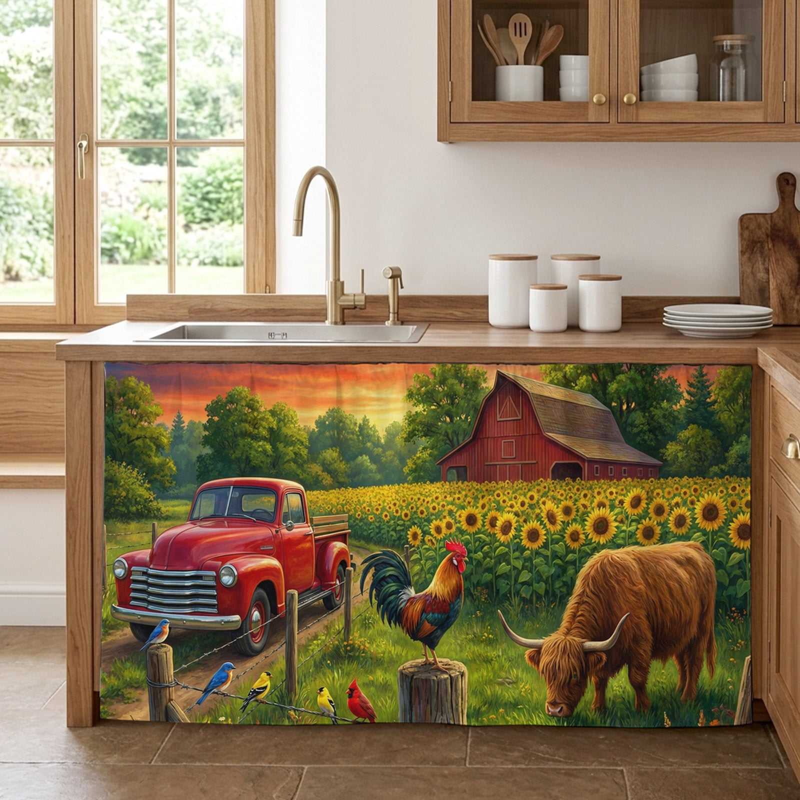 Farmhouse Cabinet Curtains 28" W x 51" L Pastoral Landscape Sunflowers ...