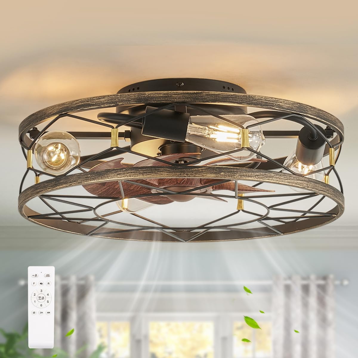 Farmhouse Caged Ceiling Fan with Light Flush Mount, Rustic Bladeless ...