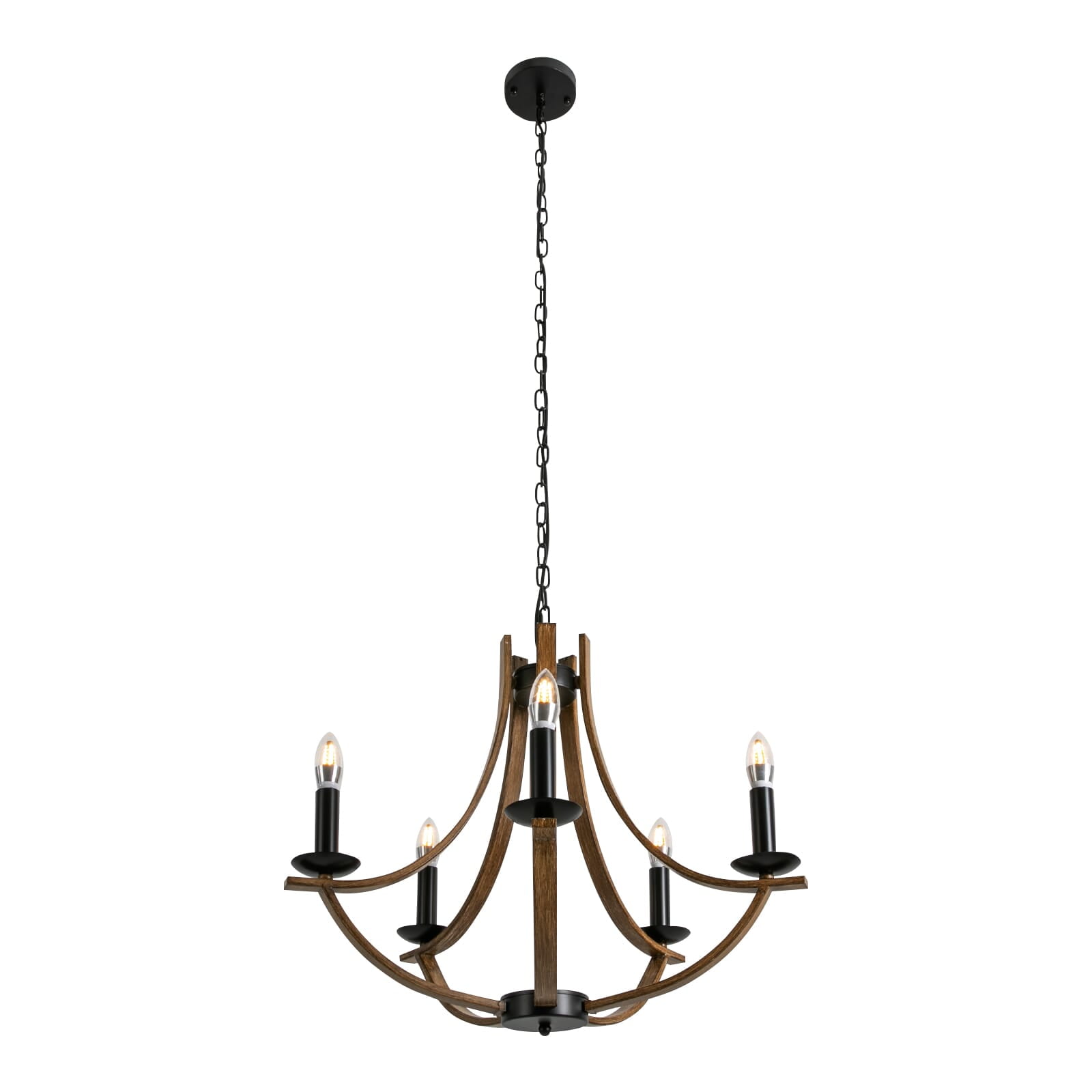 Farmhouse Candle Chandelier, 5-Light Wood and Metal Ceiling Light ...