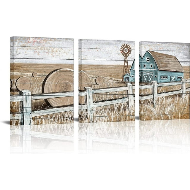 Farmhouse Canvas Wall Art Framed Landscape Painting Teal Old Barn ...