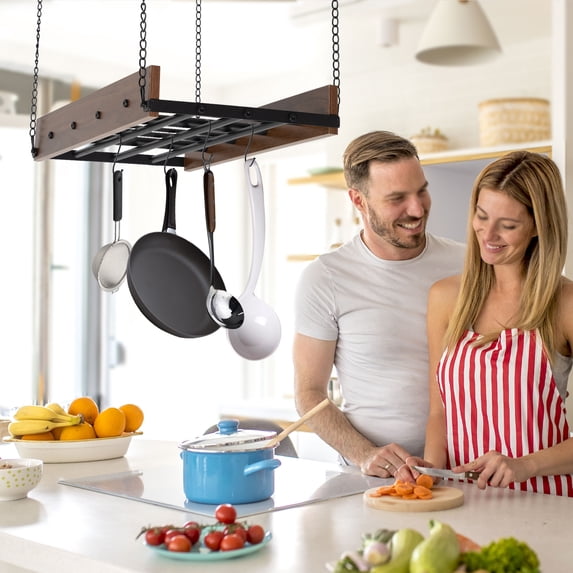 Farmhouse Ceiling Pot Rack with 12 Hooks, Adjustable Chains, and Wood ...