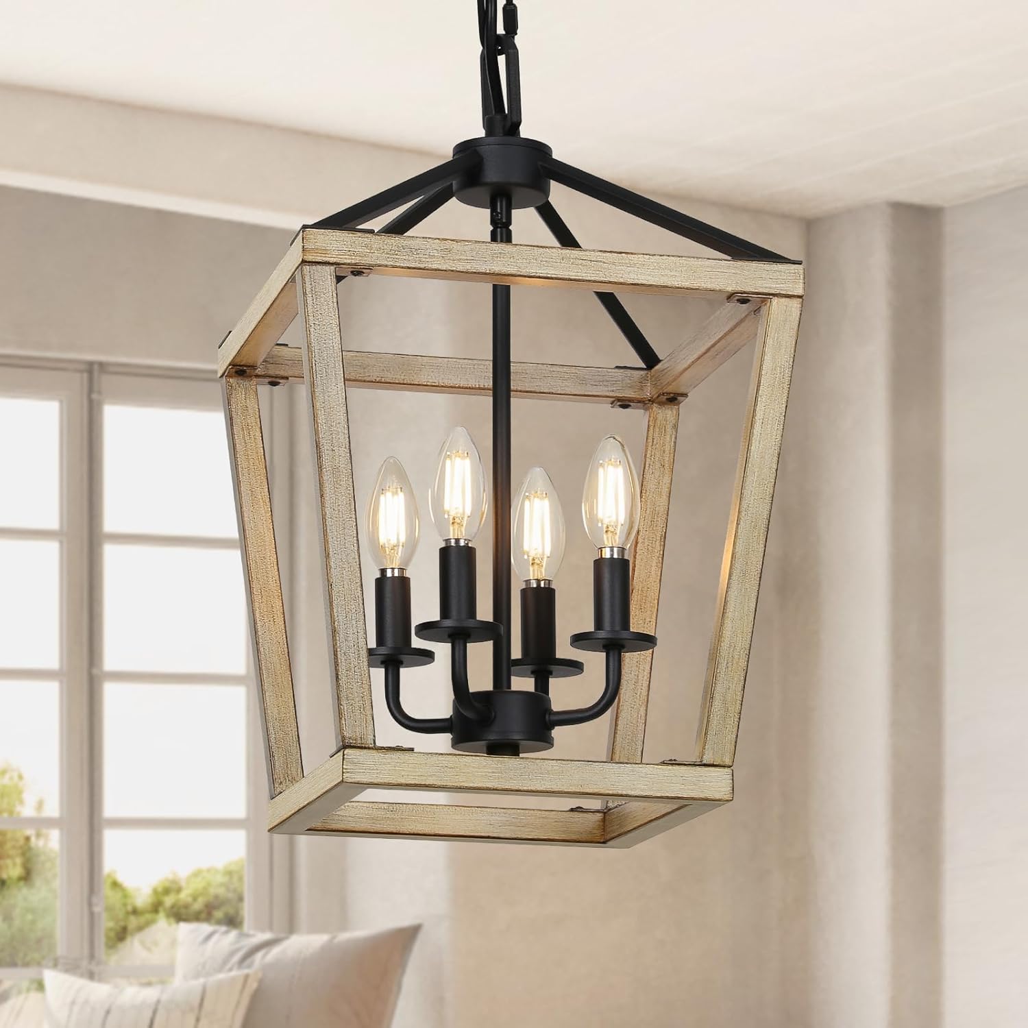 Farmhouse Chandelier with 4 Lights, Geometric Metal Cage Fixture ...