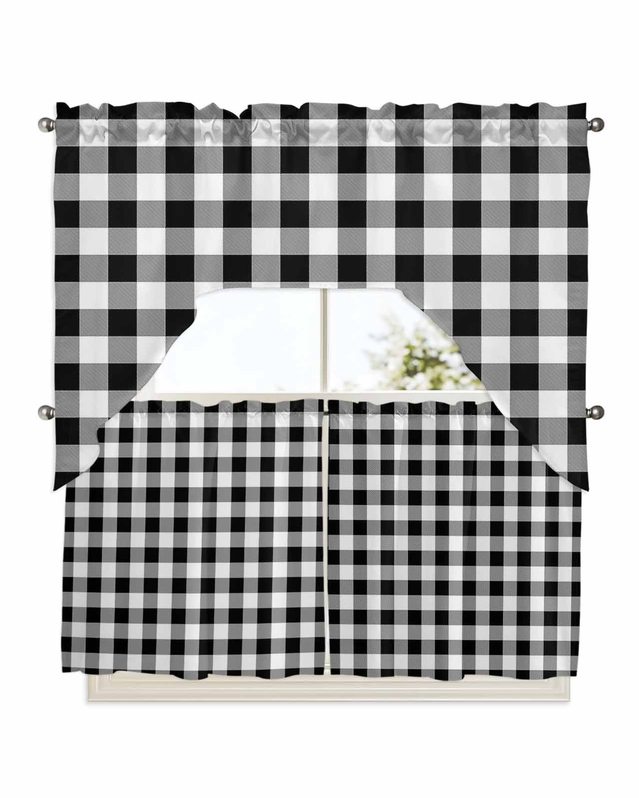 Farmhouse Checkered Kitchen Curtains Swag Valance and Tier Curtains Set ...