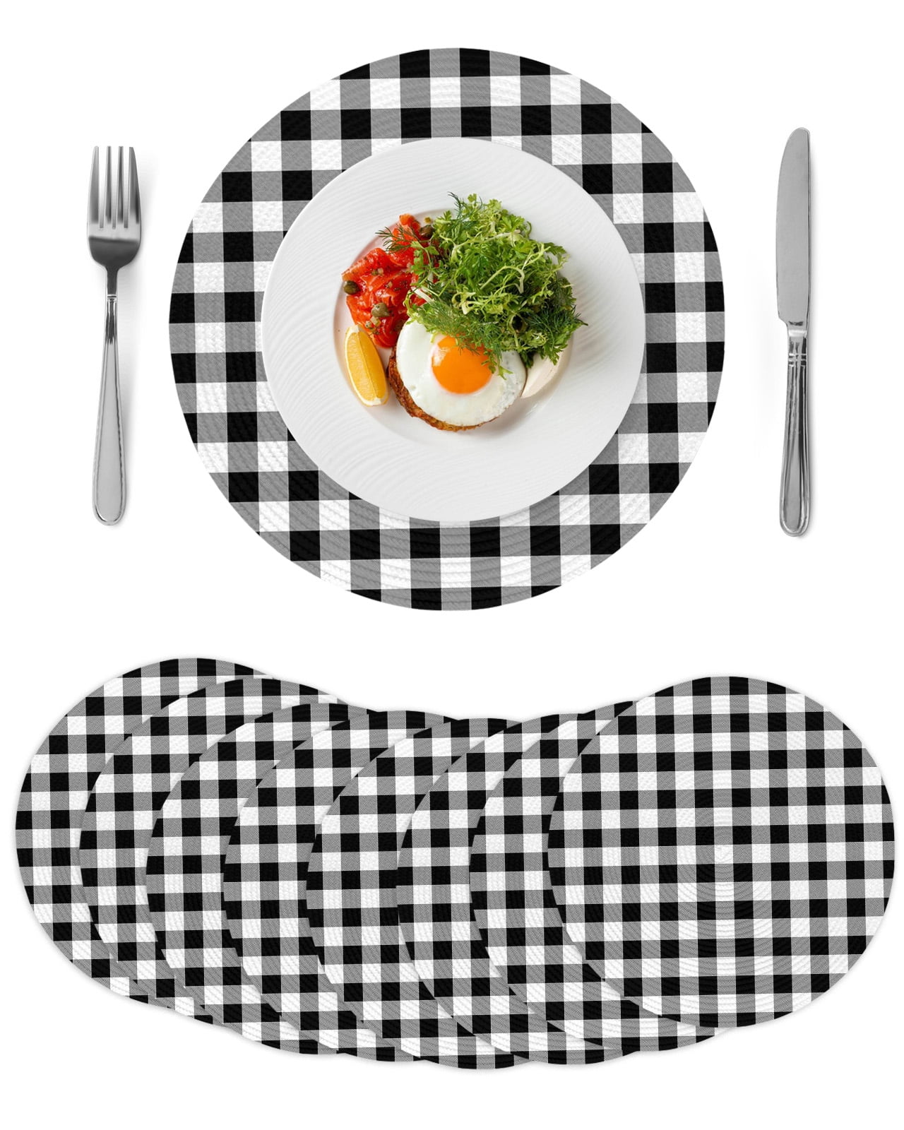Farmhouse Checkered Round 15 Inch Placemats Set of 8, Black White ...