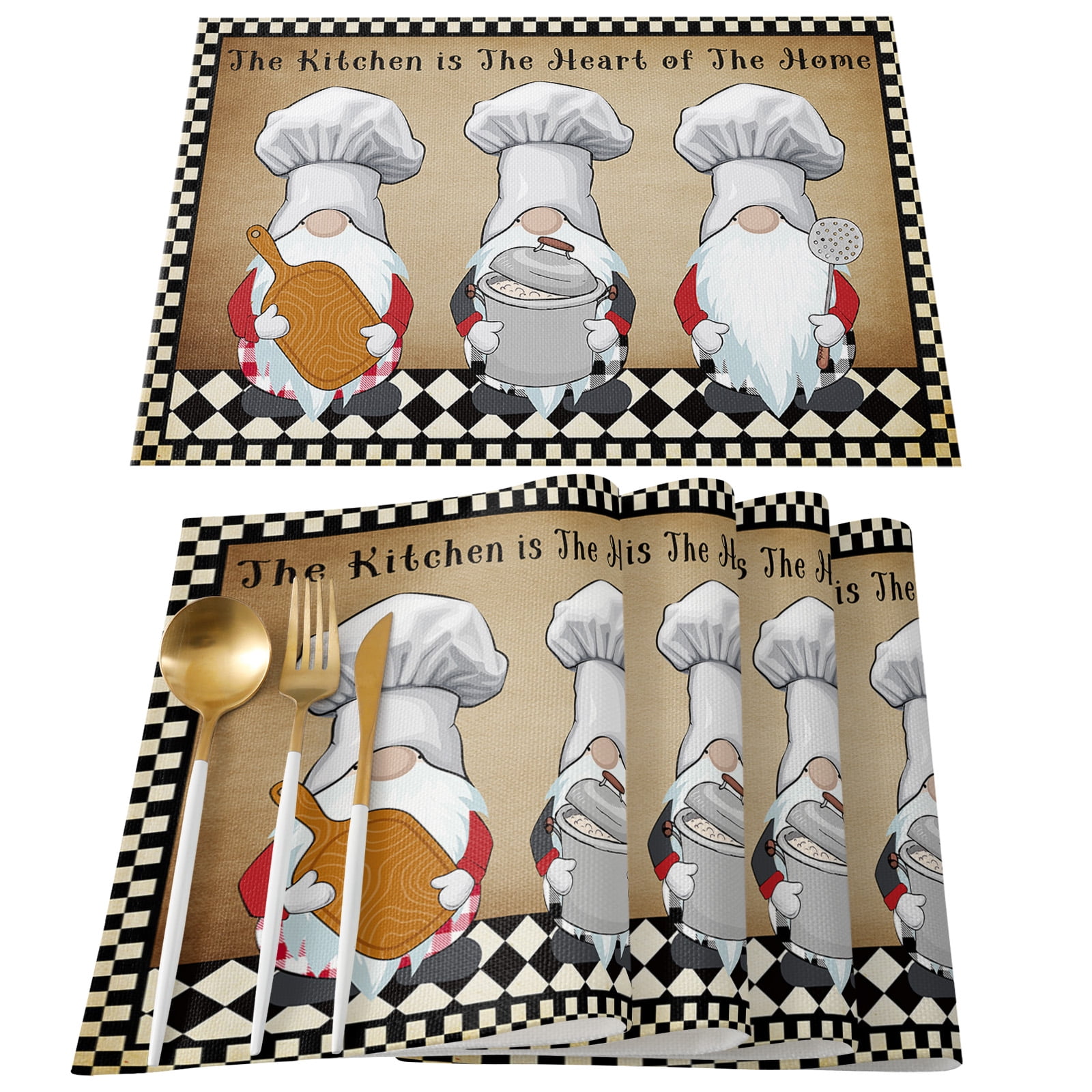 Farmhouse Chef Gnomes Placemats Set of 6, Vintage Black White Plaid ...