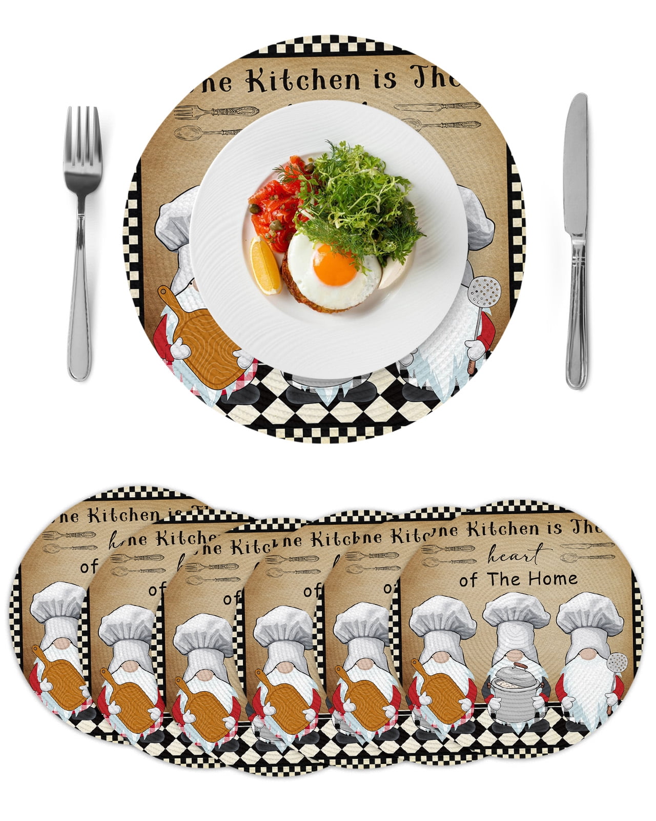 Farmhouse Chef Gnomes Round 13 Inch Placemats Set of 6, Vintage Black ...