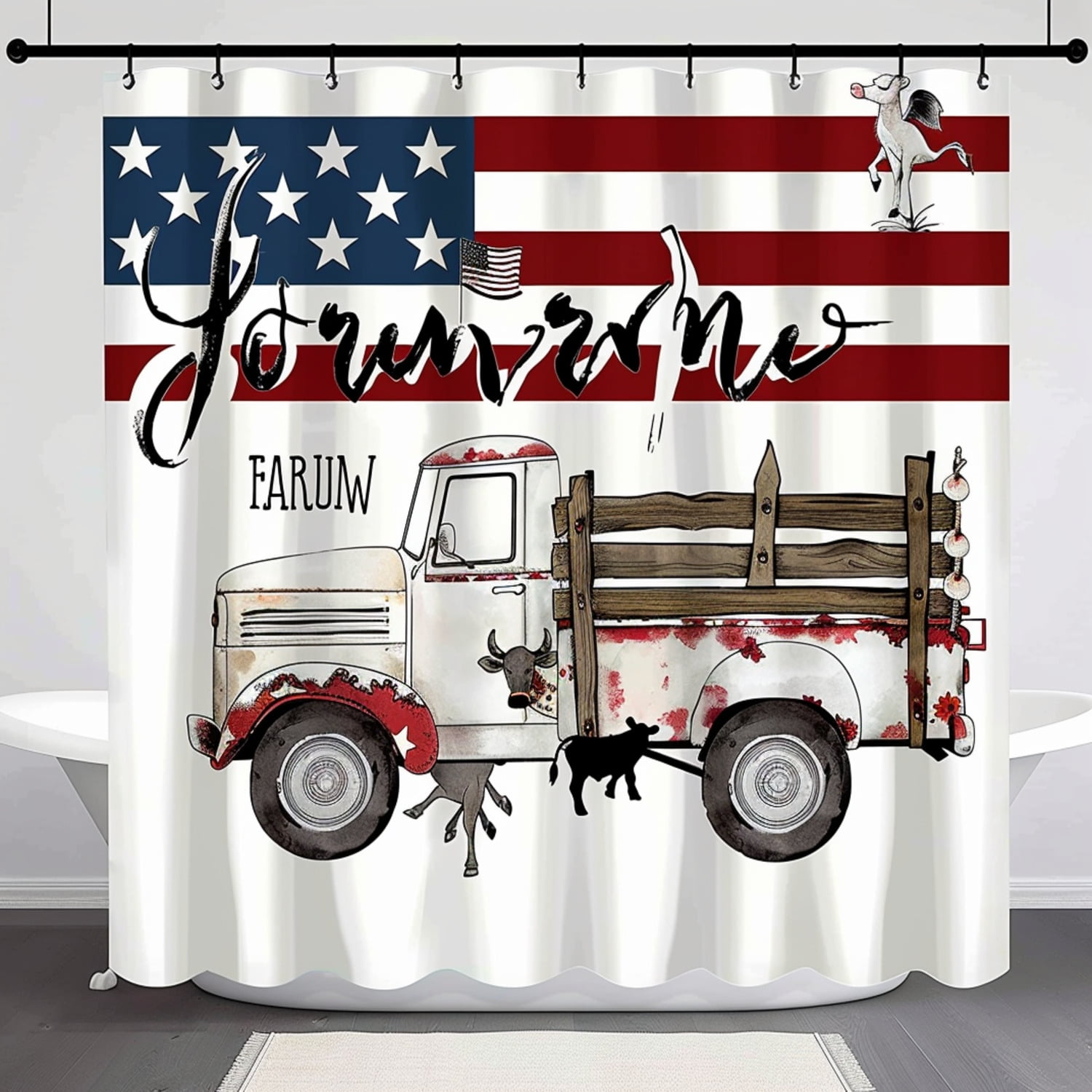 Farmhouse Chic Kids' Bathroom Set: Patriotic Truck Shower Curtain & Cow ...