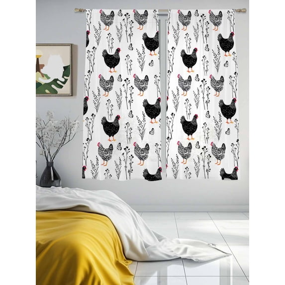 Farmhouse Chicken on Beige Chiffon Sheer Curtains 63 Inches Long ...