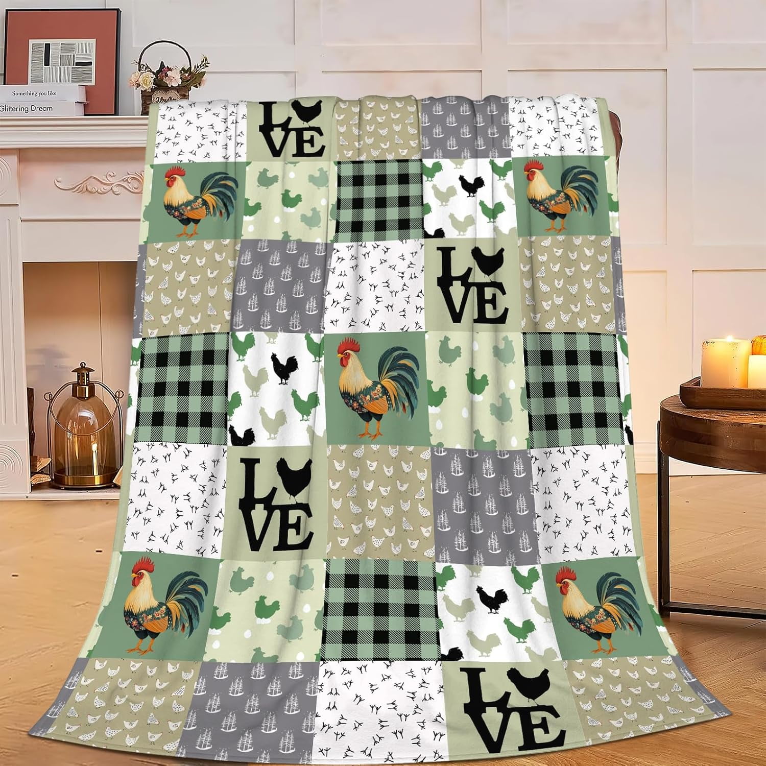Farmhouse Chicken Blanket Soft Rooster Flannel Fleece Blanket Cozy Warm ...