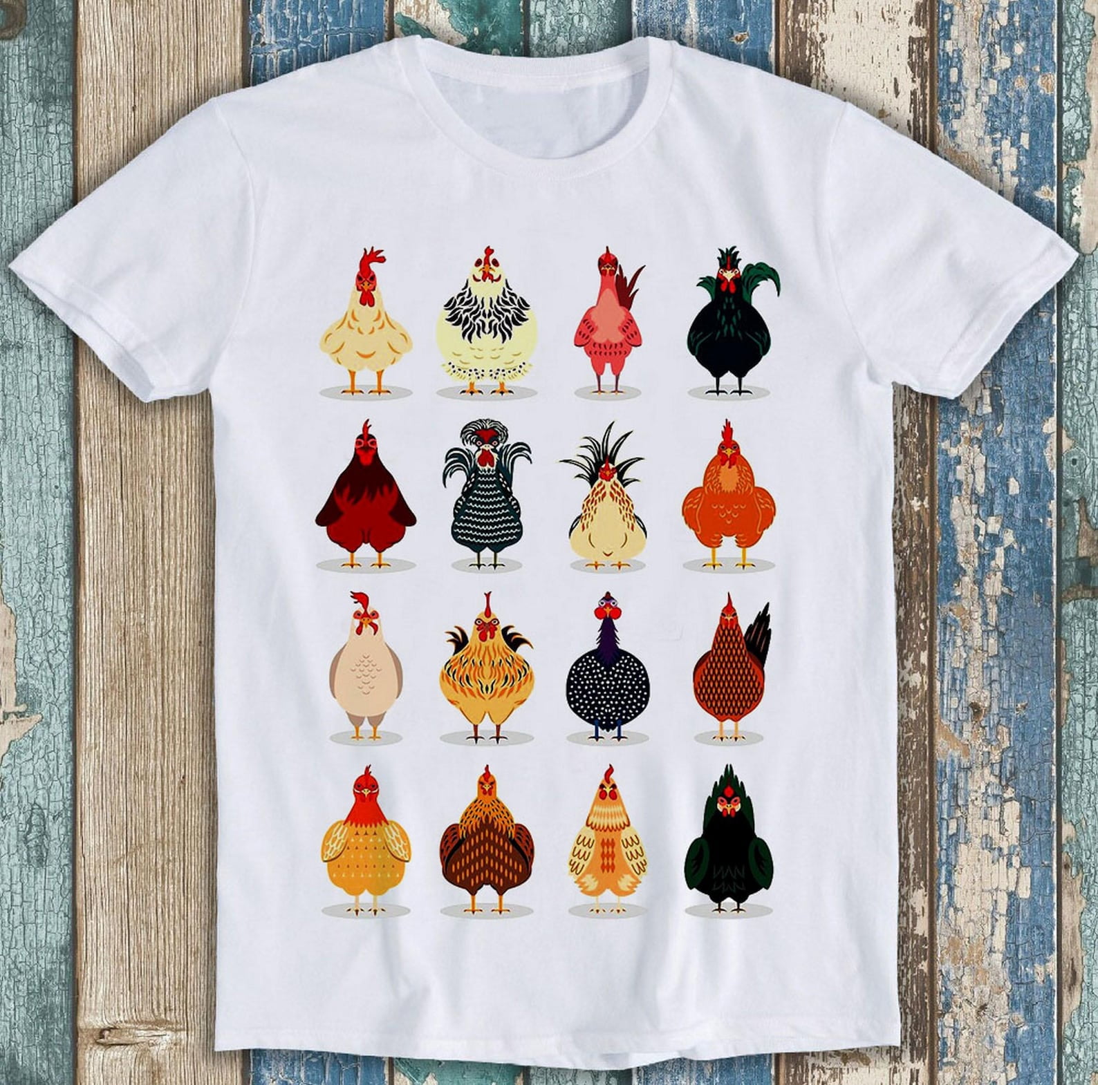 Farmhouse Chicken Breeds Tee, Artistic Rooster Lineup Graphic Shirt ...