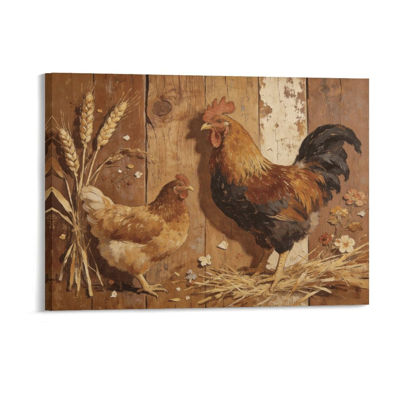 Farmhouse Chicken Canvas Wall Art Rustic Wooden Background with Wheat ...