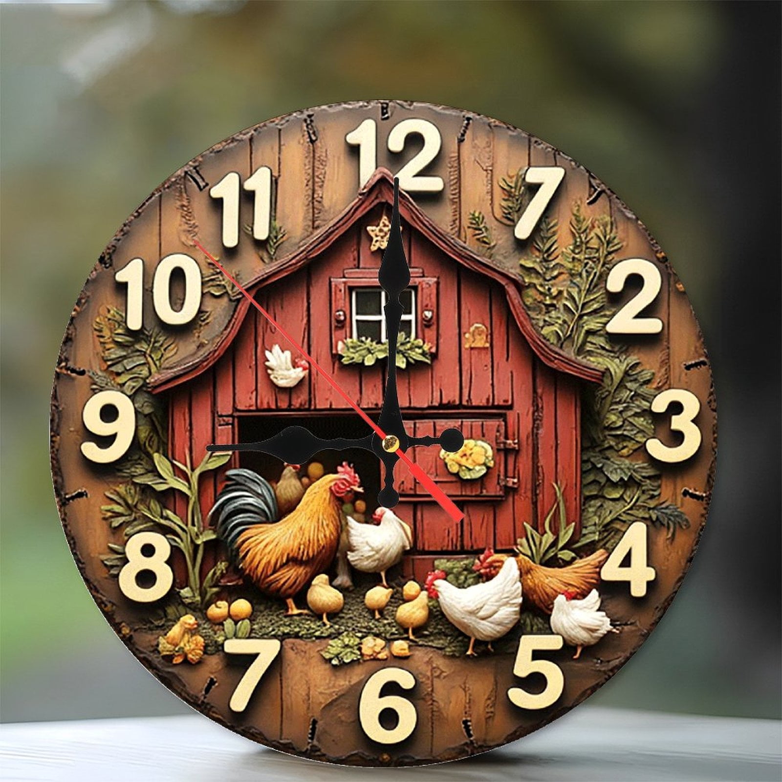 Farmhouse Chicken Coop Wall Clock Rooster Hen 10-Inch Silent Wooden ...