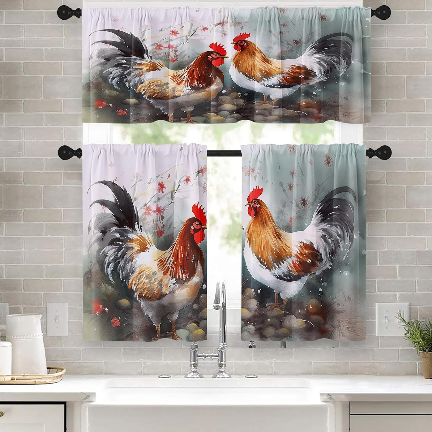 Farmhouse Chicken Kitchen Window Curtains Valance and Tier Set 36 Inch ...