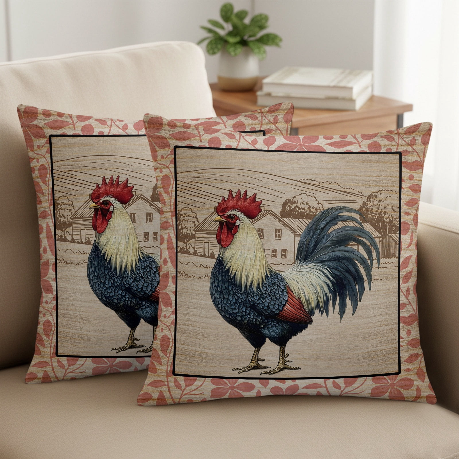 Farmhouse Chicken Pillow Covers Set of 2, Vintage Barn Country Pink ...