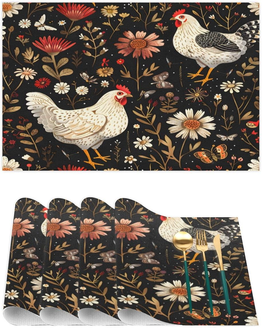 Farmhouse Chicken Placemats Set of 4 PVC Heat Resistant Foldable Place ...