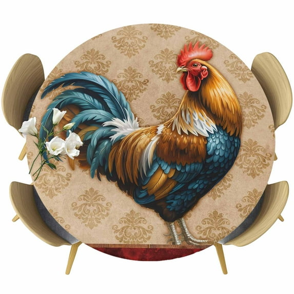 Farmhouse Chicken Round Fitted Tablecloth with Elastic Edge, Animal ...