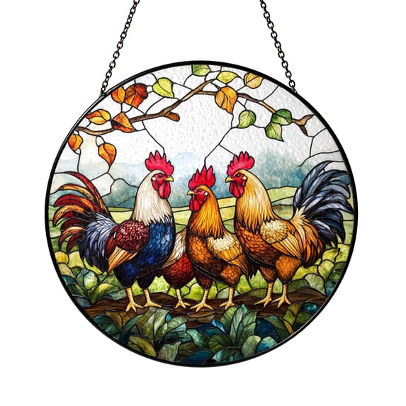 Farmhouse Chicken Scene Stained Glass Style Window Hanging Suncatcher ...