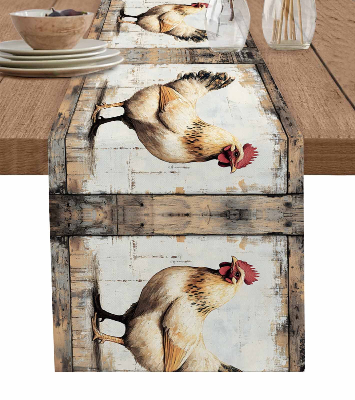 Farmhouse Chicken Table Runner 108 Inches, Vintage Rustic Shabby Wooden ...