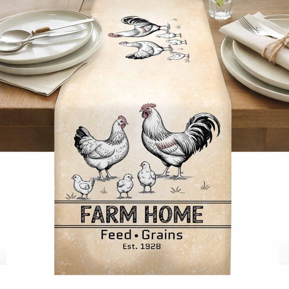 Farmhouse Chicken Table Runner 13 x 108 Inch, Farm Home Vintage Brown ...