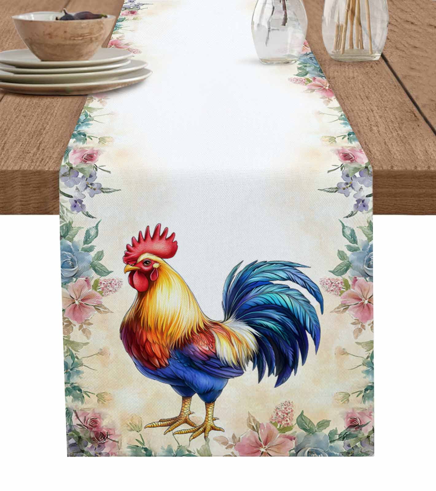 Farmhouse Chicken Table Runner 90 Inches, Watercolor Flowers Floral ...