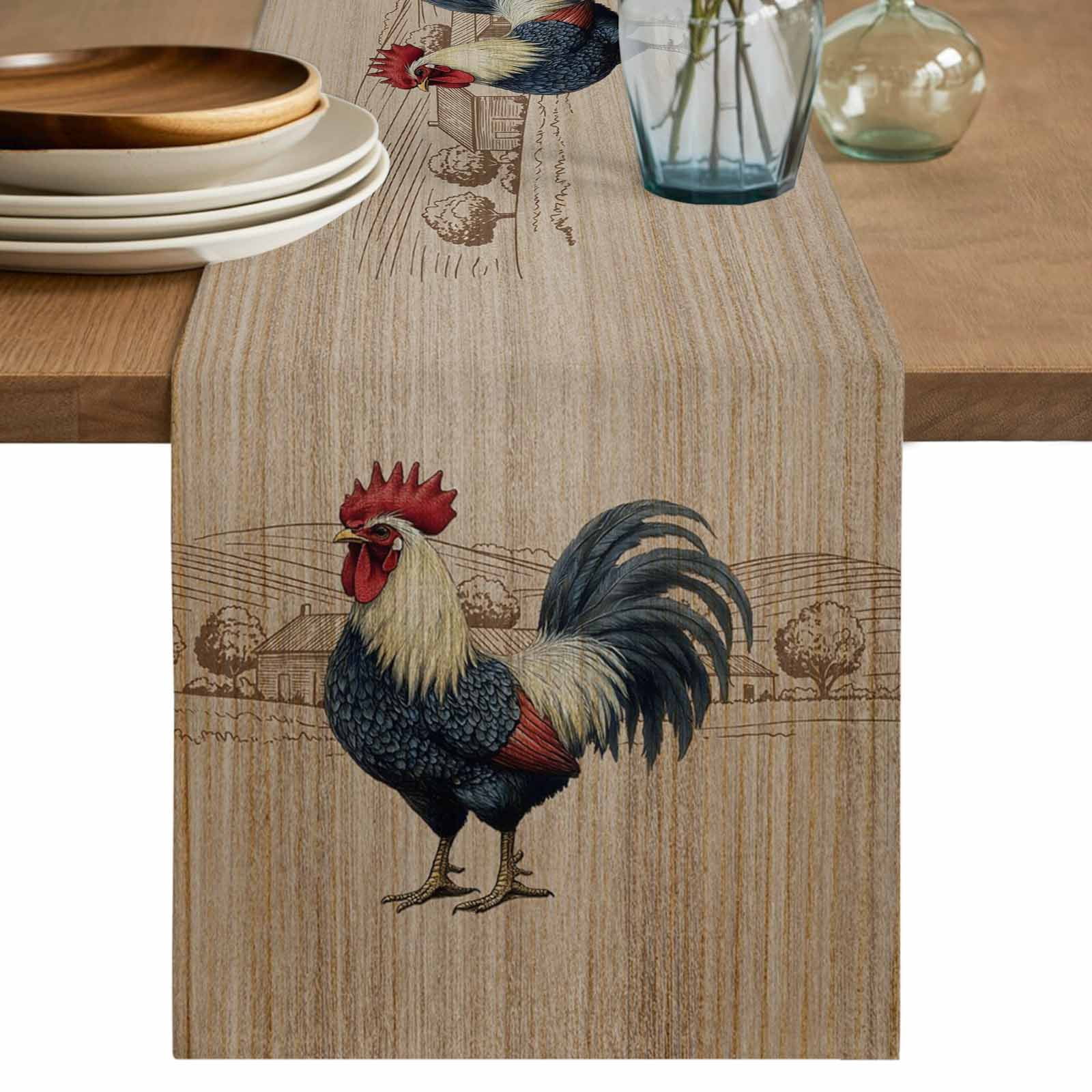 Farmhouse Chicken Table Runner, Vintage Barn Country Tree Valley Wood ...