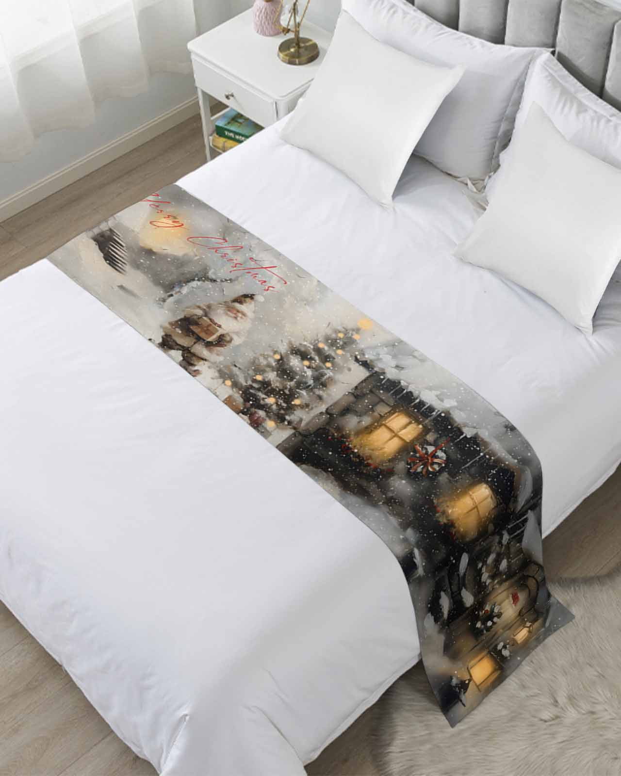 Farmhouse Christmas Bed Runner for Twin Size Bed, Xmas Santa Snowflake ...