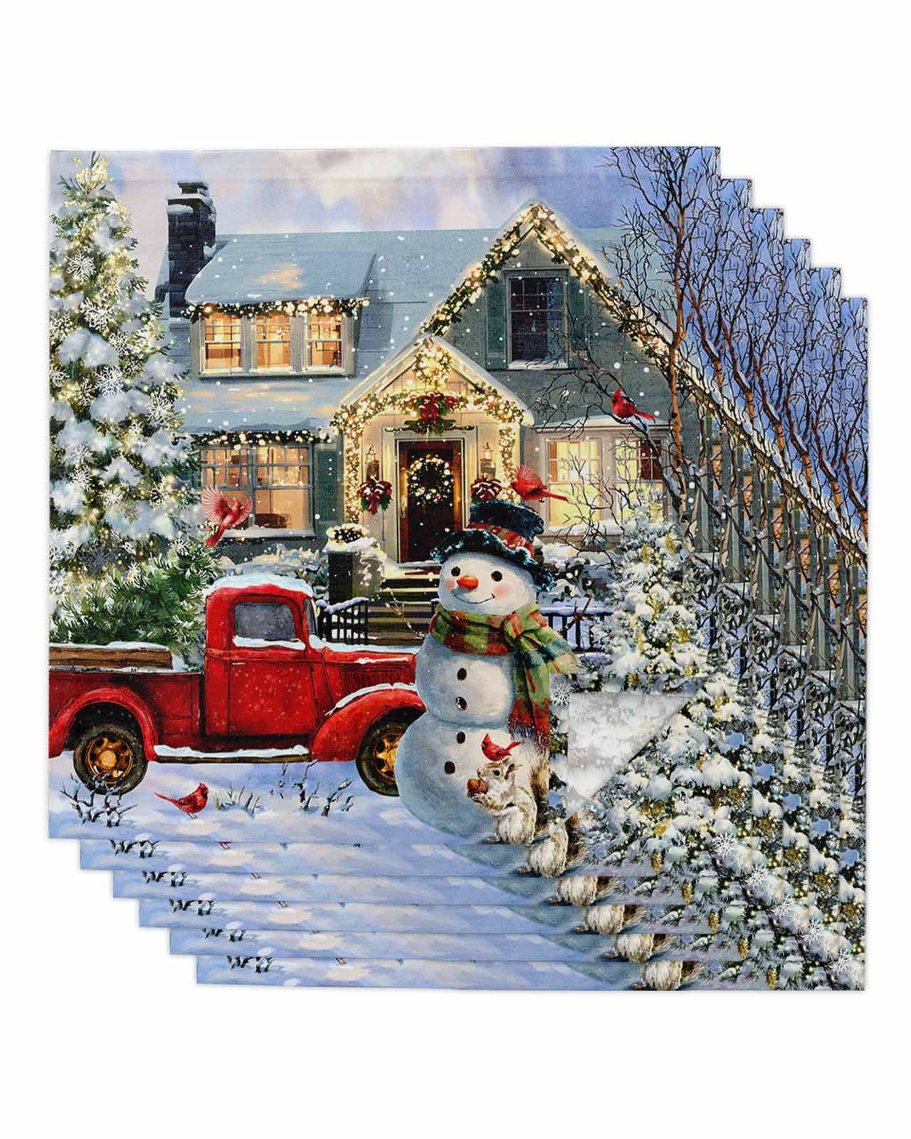 Farmhouse Christmas Snowman Cloth Napkins Washable Set of 6, Xmas Tree ...