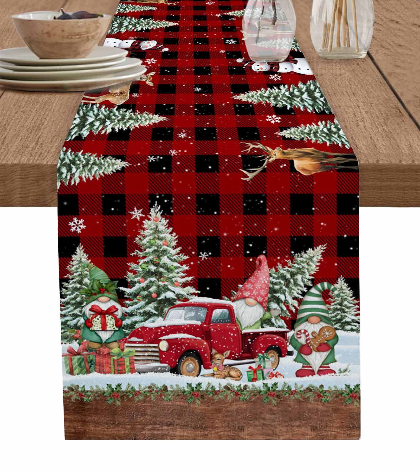 Farmhouse Christmas Table Runner 90 Inches, Xmas Tree Gnomes Snowman ...