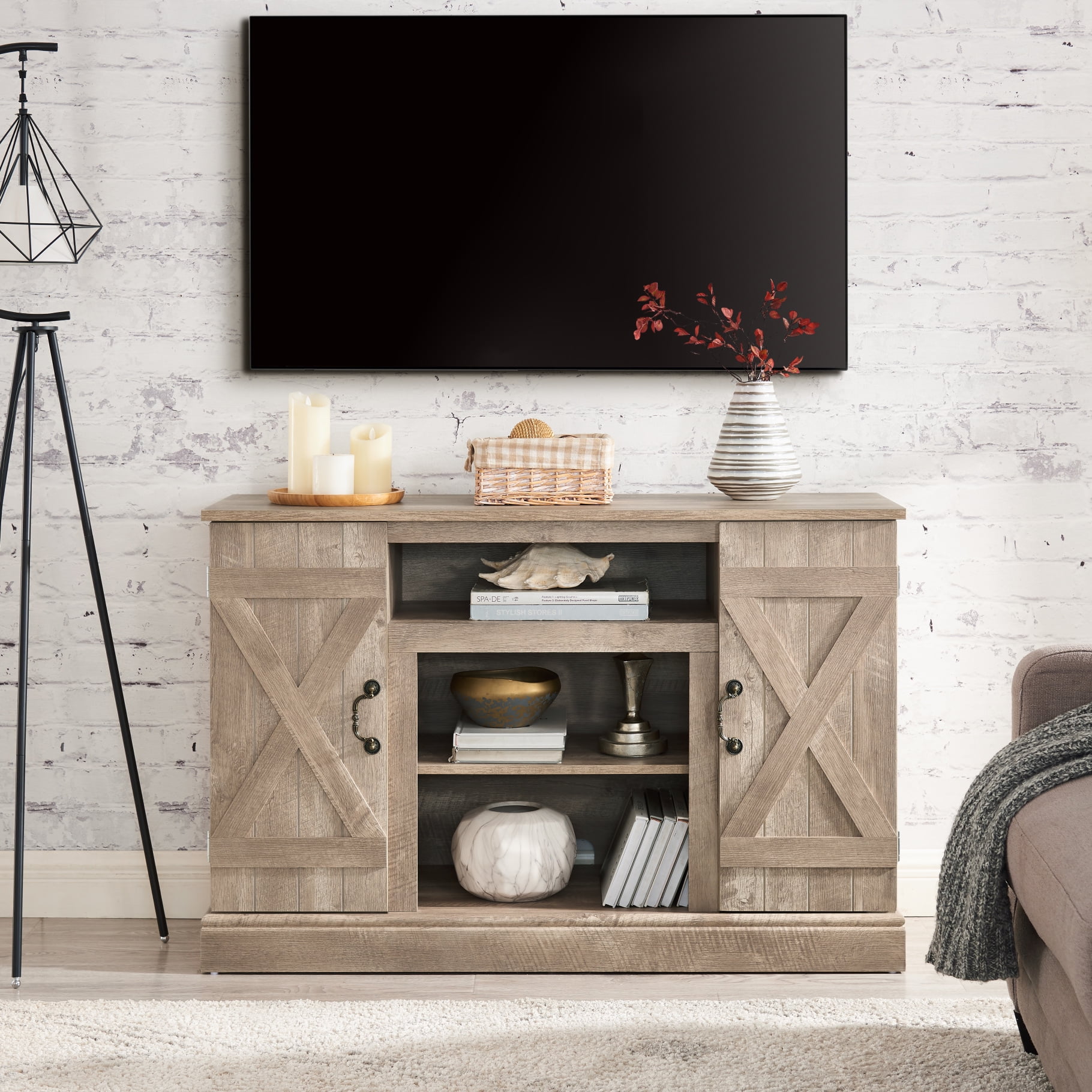 Farmhouse Classic Media TV Stand, TV Console Table with 3-Tier Storage ...