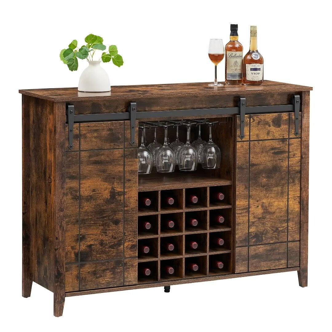 Farmhouse Coffee Bar Buffet Cabinet, 47" Wine Bar Cabinet with Sliding ...