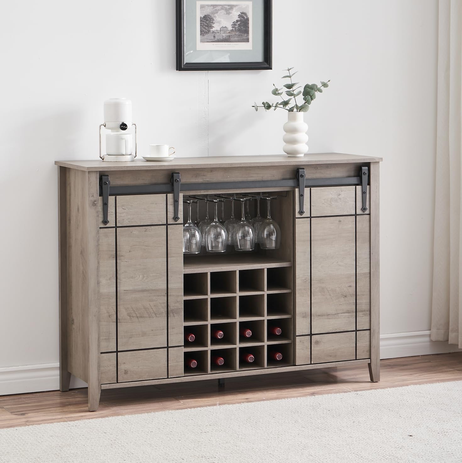 Farmhouse Coffee Bar Buffet Cabinet, 47" Wine Bar Cabinet with Sliding ...