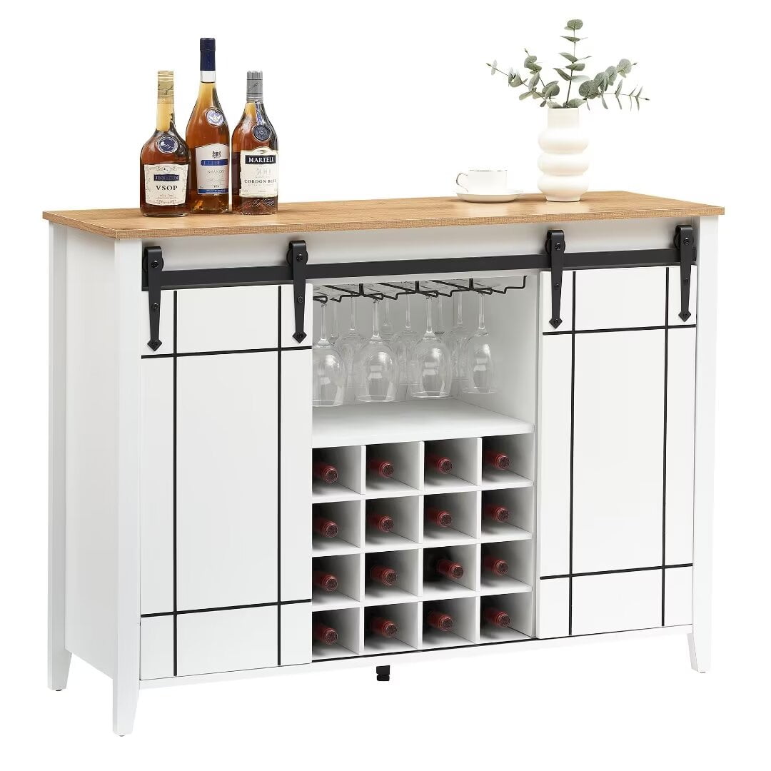 Farmhouse Coffee Bar Buffet Cabinet, 47" Wine Bar Cabinet with Sliding ...
