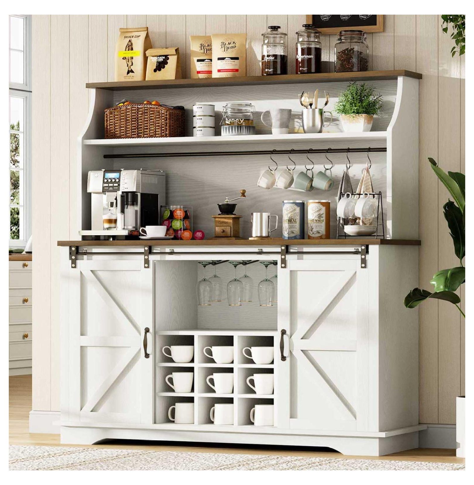 Farmhouse Coffee Bar Cabinet with 3-Tier Storage, 47 Inch Coffee Bar ...