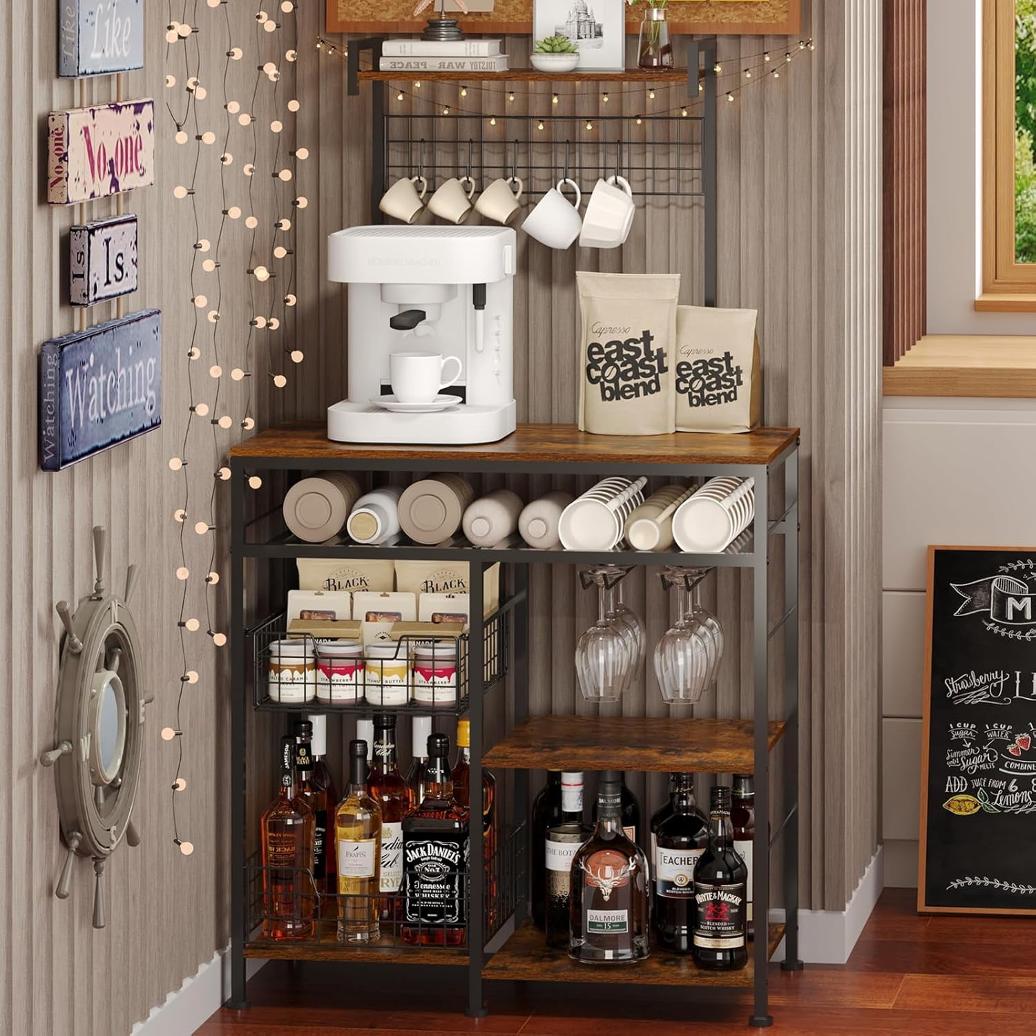 Farmhouse Coffee Bar Cabinet 31" Sideboard Buffet Cabinet with 8 Hooks ...