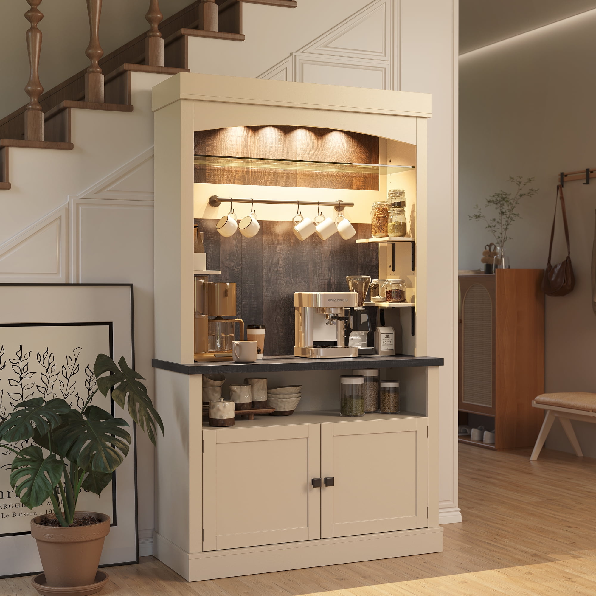 Farmhouse Coffee Bar Cabinet with 5 Hooks, White Coffee Bar Hutch with ...