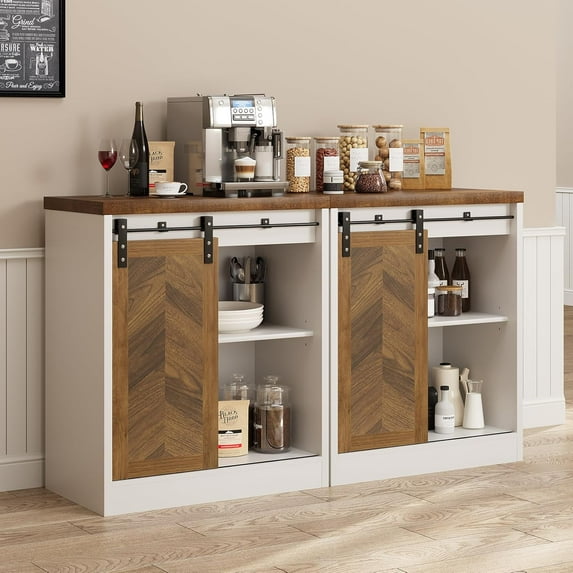 Farmhouse Coffee Bar Cabinet, Coffee Station with Sliding Barn Door ...