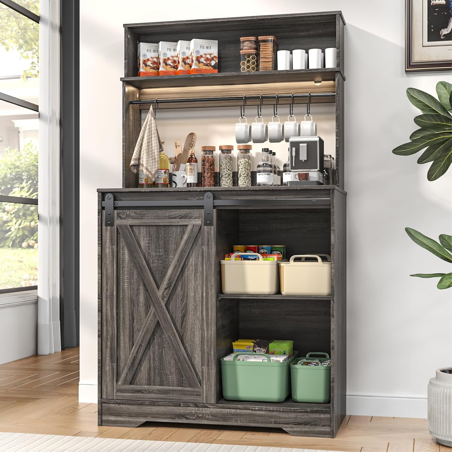 Farmhouse Coffee Bar Cabinet with LED Light, 55 Inch Bakers Rack with ...