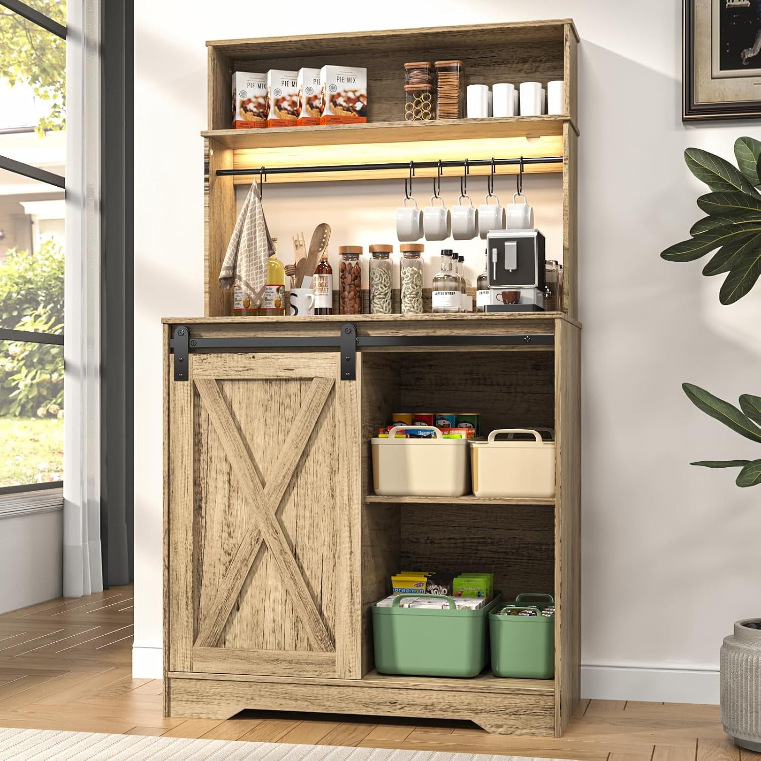 Farmhouse Coffee Bar Cabinet with LED Light, 55 Inch Bakers Rack with ...