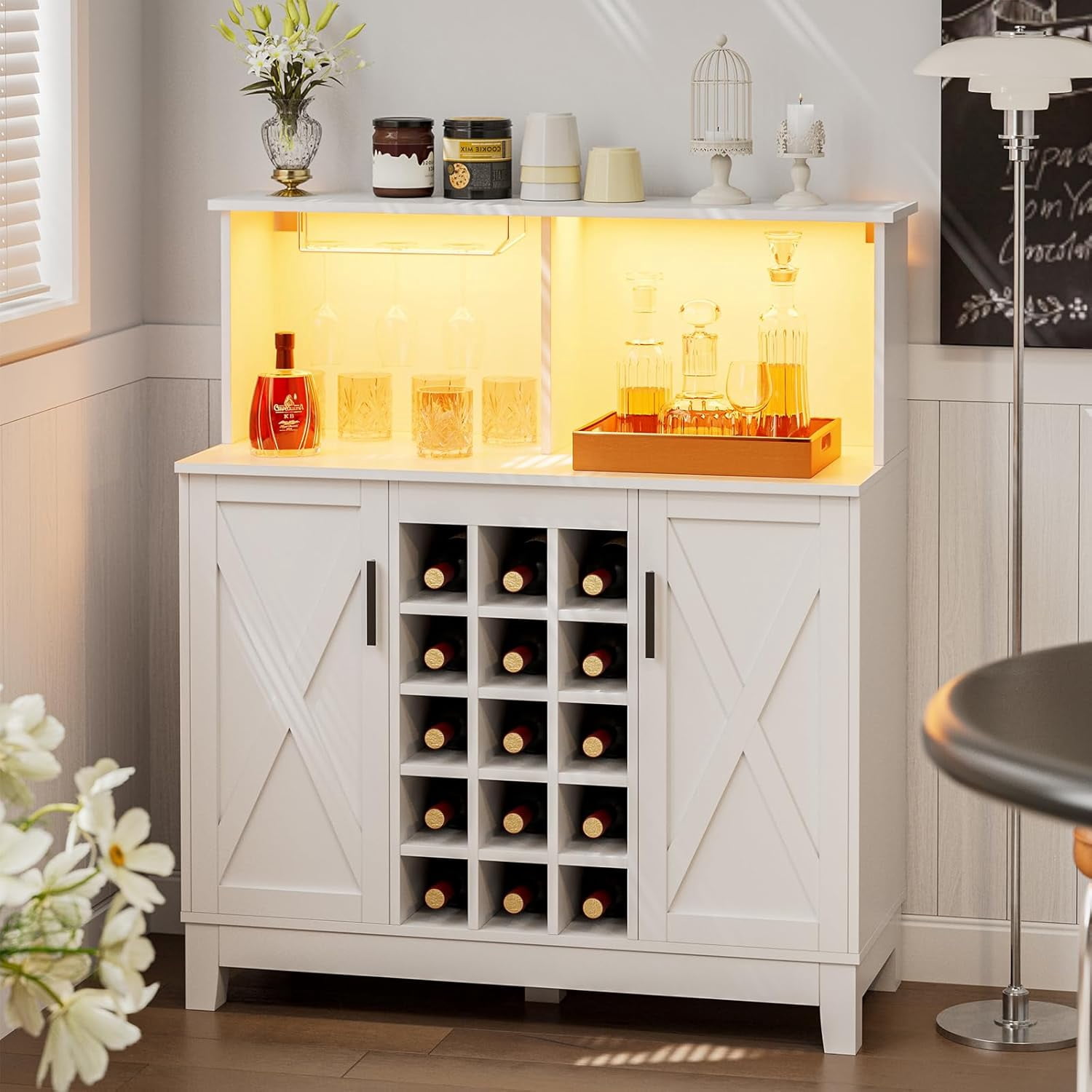 Farmhouse Coffee Bar Cabinet with LED Lights, 39" Wine Bar Sideboard ...