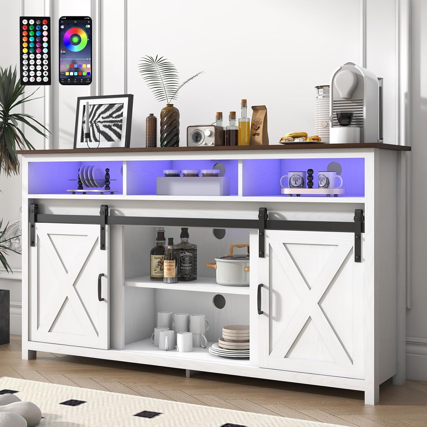 Farmhouse Coffee Bar Cabinet with Power Outlet, Rustic Sideboard Buffet ...