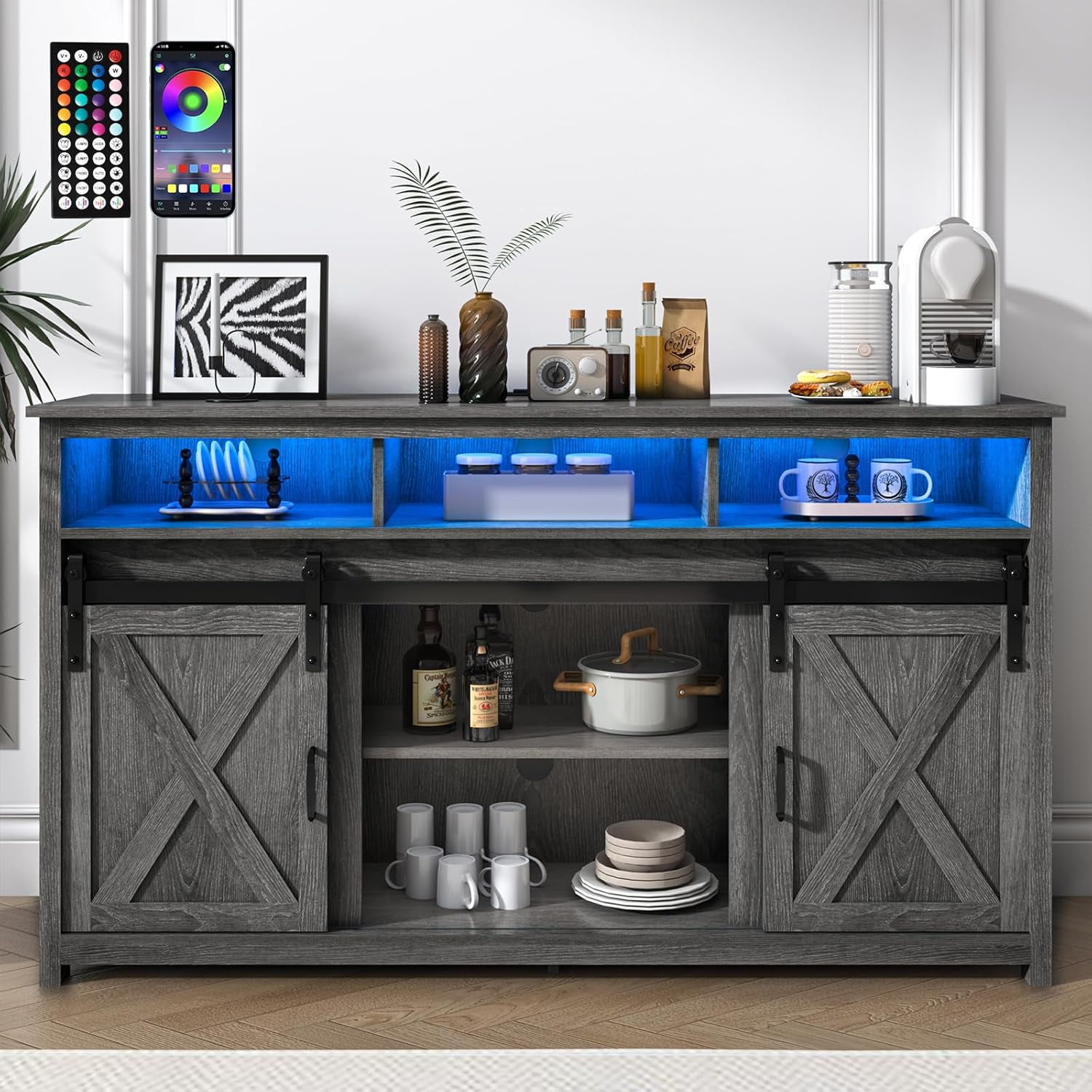 Farmhouse Coffee Bar Cabinet with Power Outlet, Rustic Sideboard Buffet ...