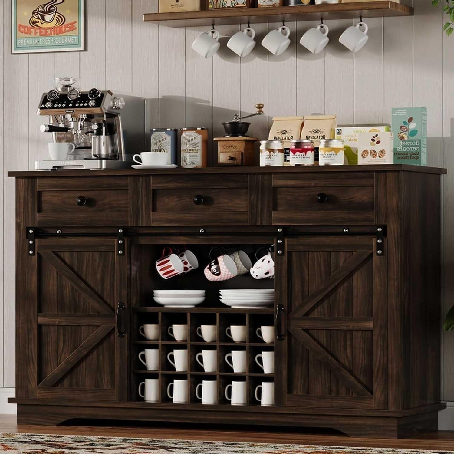Farmhouse Coffee Bar Cabinet with Sliding Barn Door, Wine Bar Cabinet ...