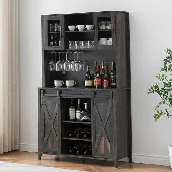 Farmhouse Coffee Bar Cabinet with Sliding Barn Doors, 70'' Kitchen ...
