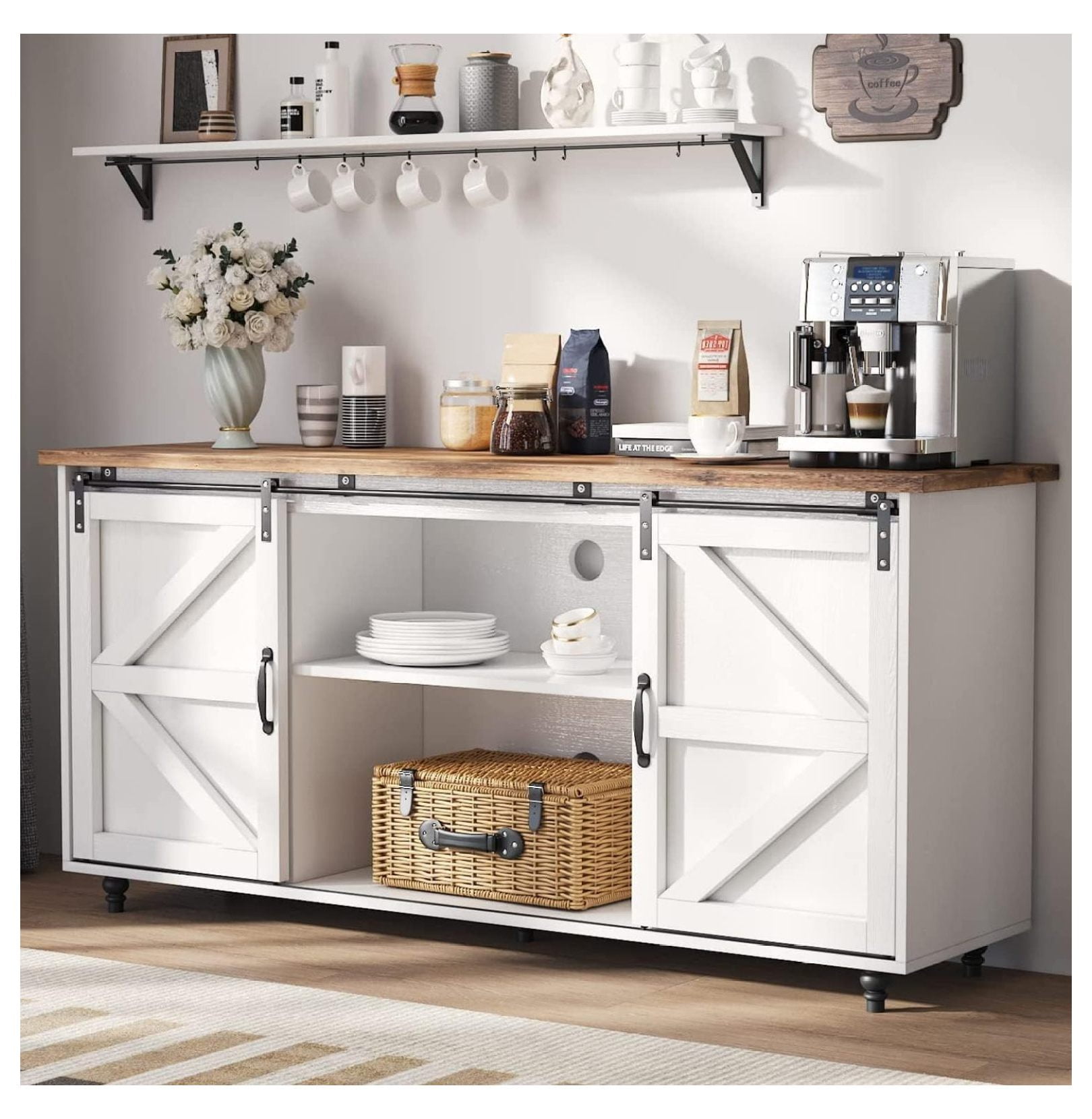 Farmhouse Coffee Bar Cabinet with Storage, 58'' Buffet Cabinet with ...