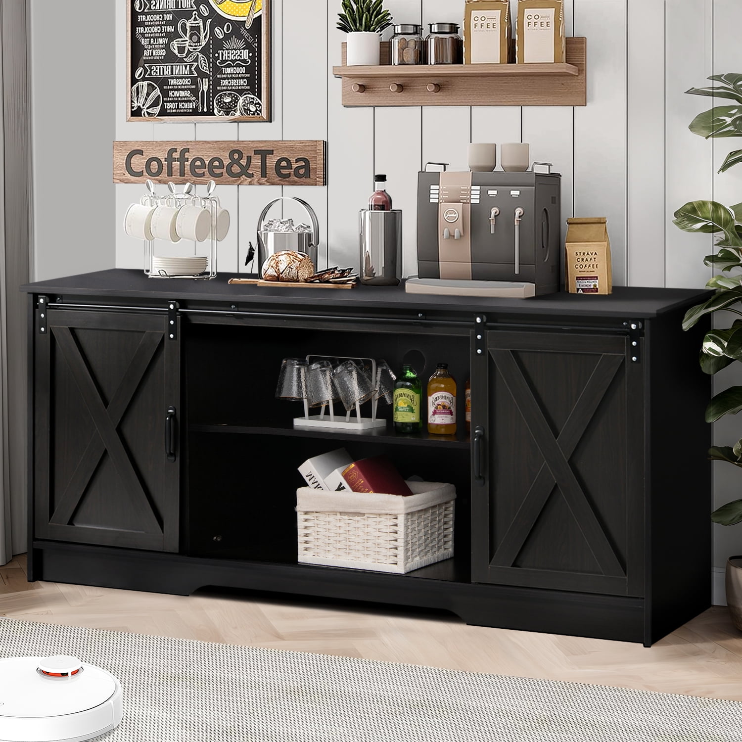 Farmhouse Rustic Buffet Coffee Bar Cabinet, 58'' Storage Sideboard with ...