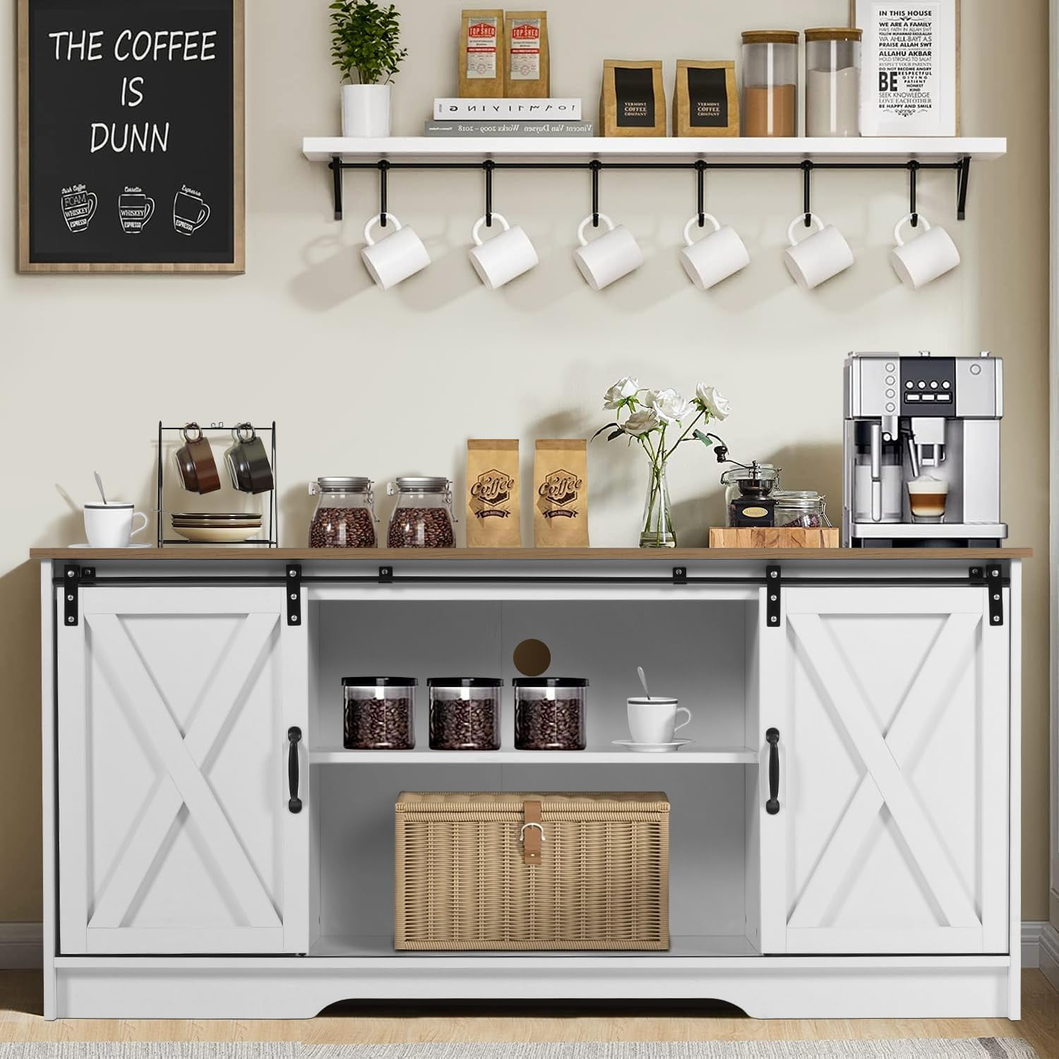 Farmhouse Coffee Bar Cabinet with Storage, 59’’ Kitchen Buffet Storage ...