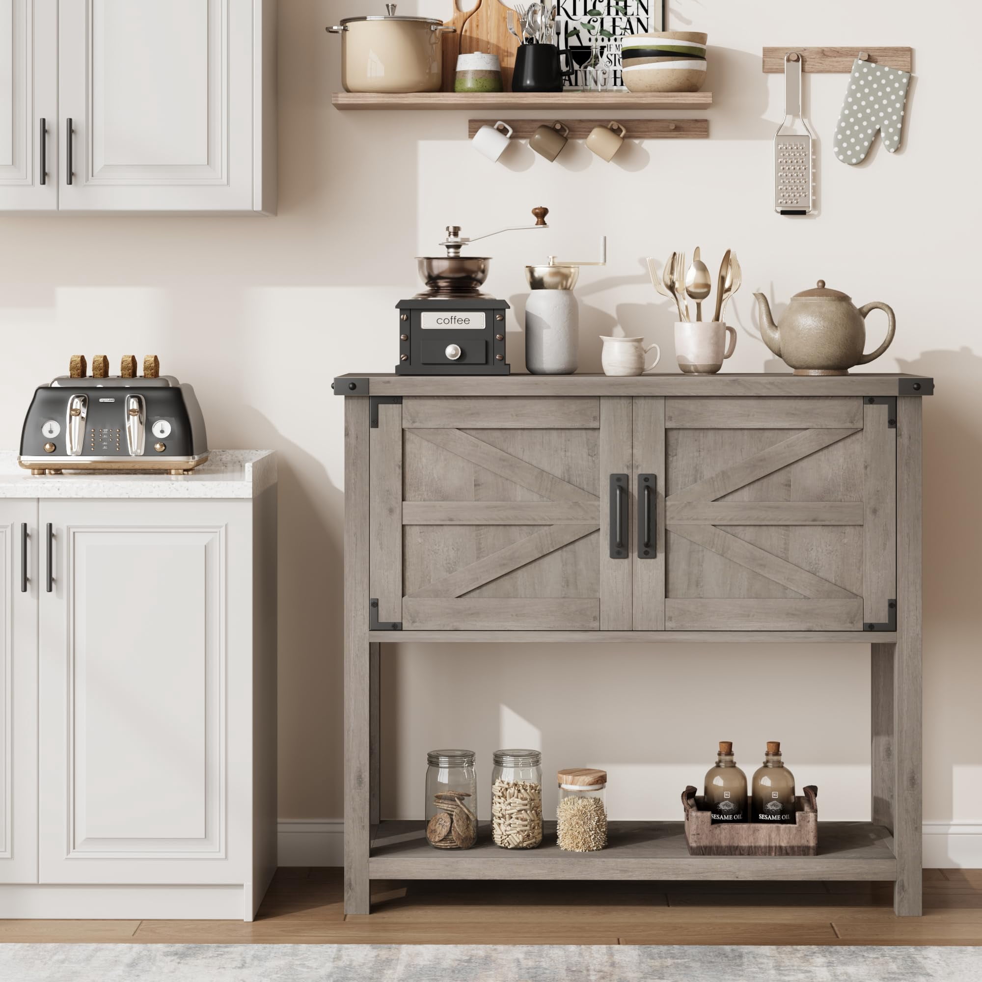 Farmhouse Coffee Bar Cabinet with Storage,Entryway Table with 2-Door ...