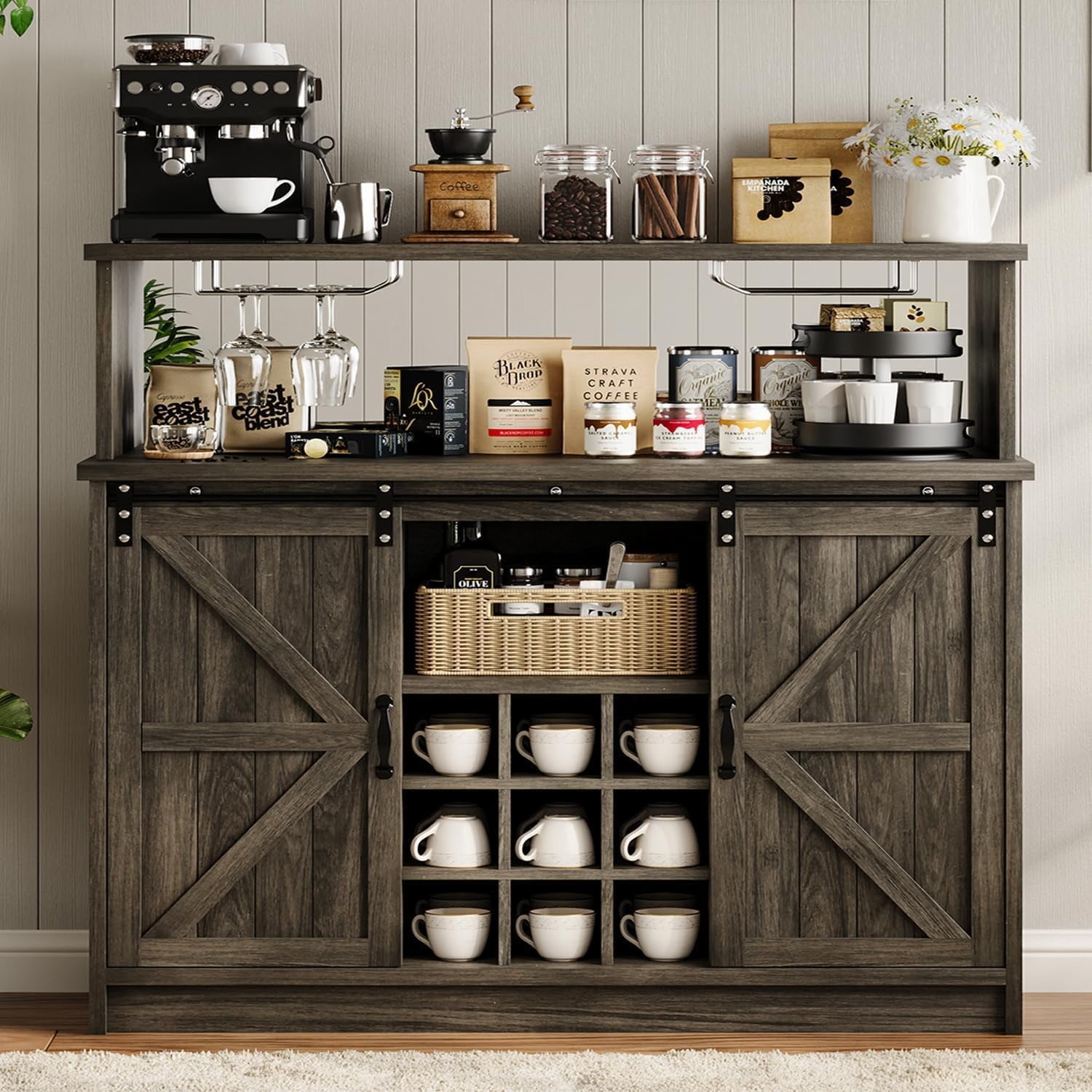 Farmhouse Coffee Bar Cabinet with Storage, Grey Wine Bar Cabinet with ...