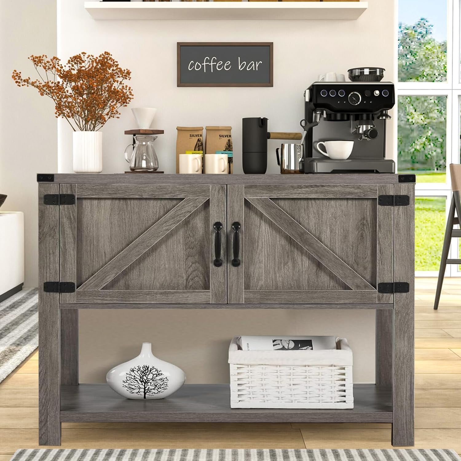 Farmhouse Coffee Bar Cabinet with Barn Doors, Grey Coffee Bar Stand ...