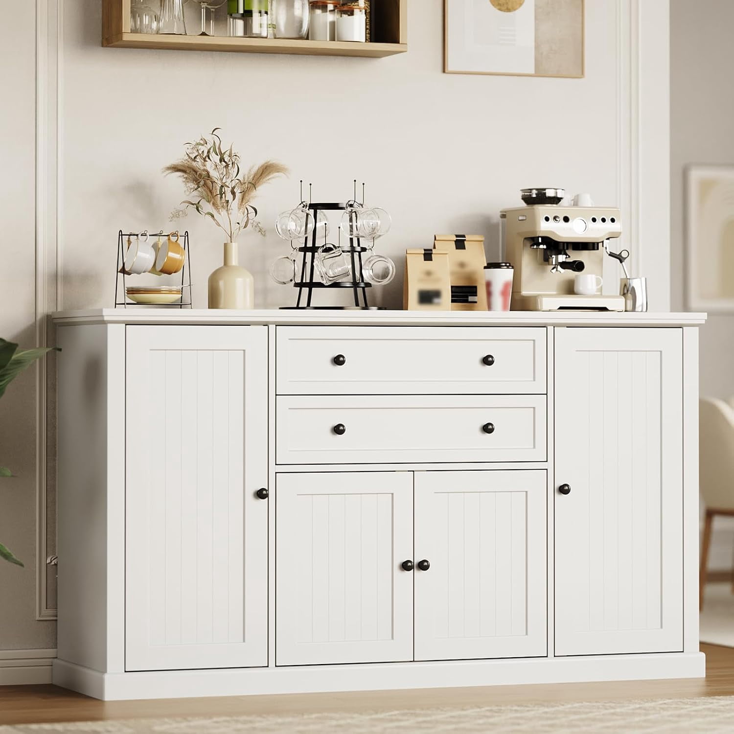 Farmhouse Coffee Bar Cabinet with Drawers, 58" Large Wood Sideboard ...